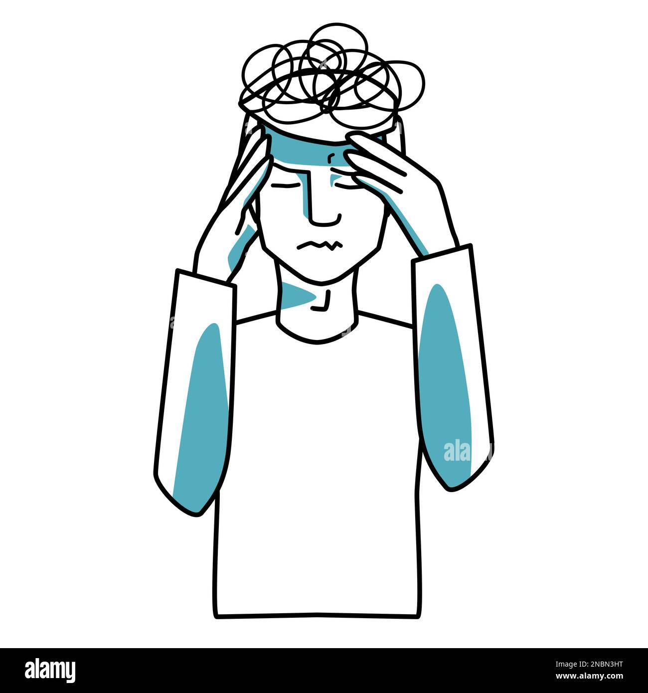 Gestresster männlicher Charakter, der Hände an seinem Kopf hielt, der ...