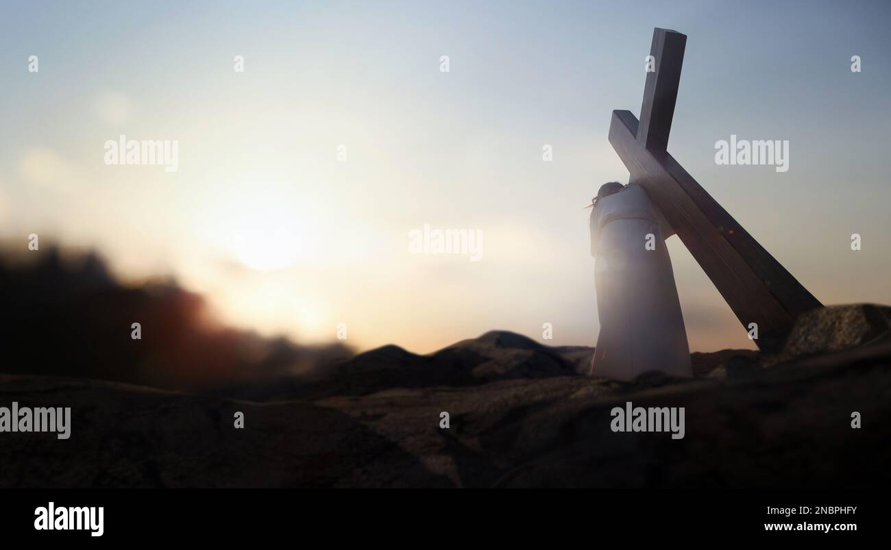 Hügel des Golgotha Roter Himmel und helles Licht Jesus trägt das Kreuz ...