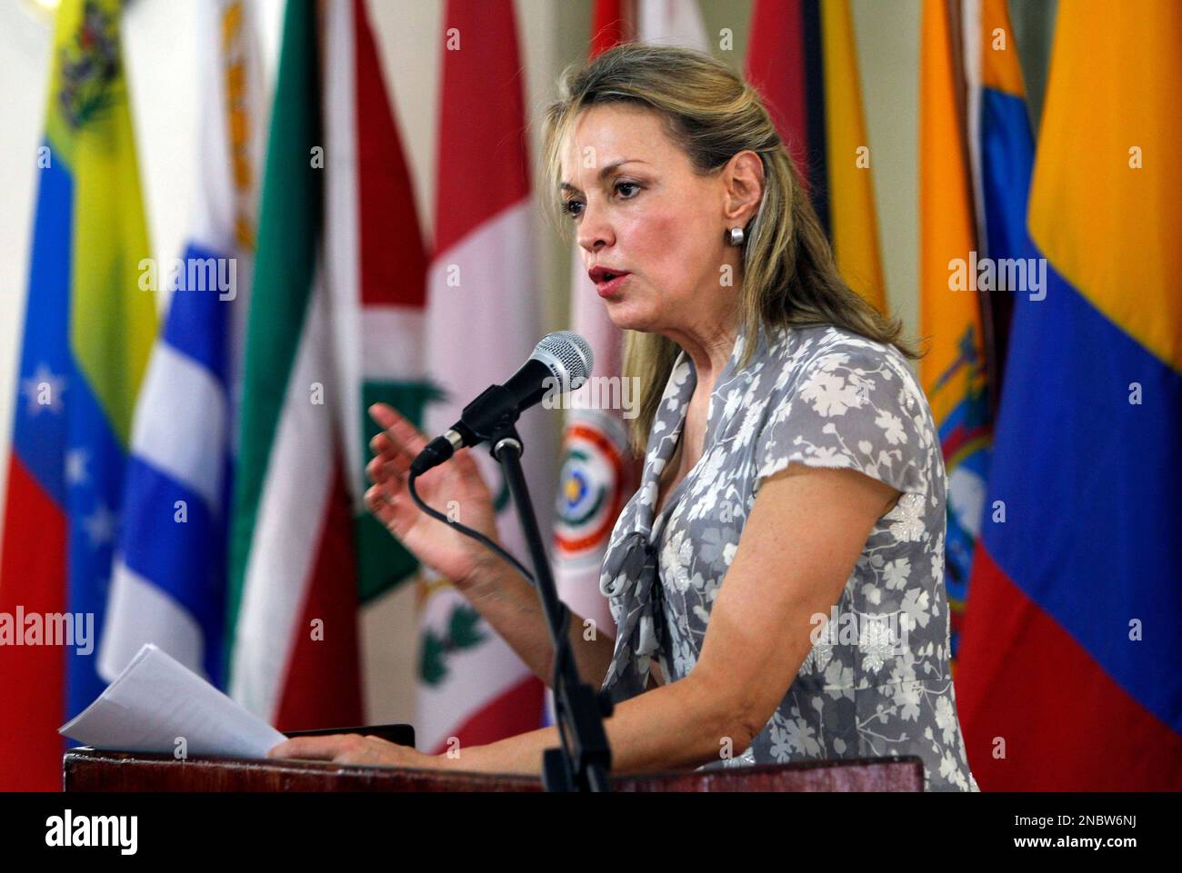 Former Colombia's Foreign Minister Maria Emma Mejia gives a speech ...