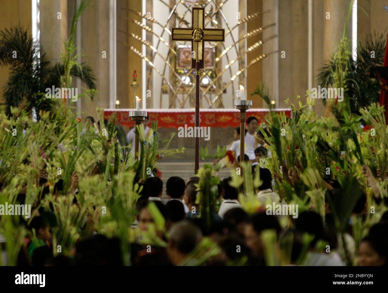 Filipino devotees raise their palm fronds as the Holy Cross passes by ...