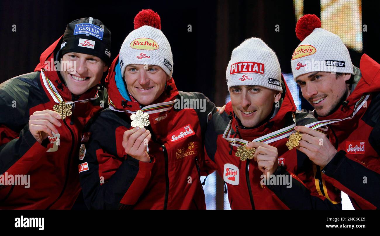 Austria's Bernhard Gruber, from left, David Kreiner, Mario Stecher and ...