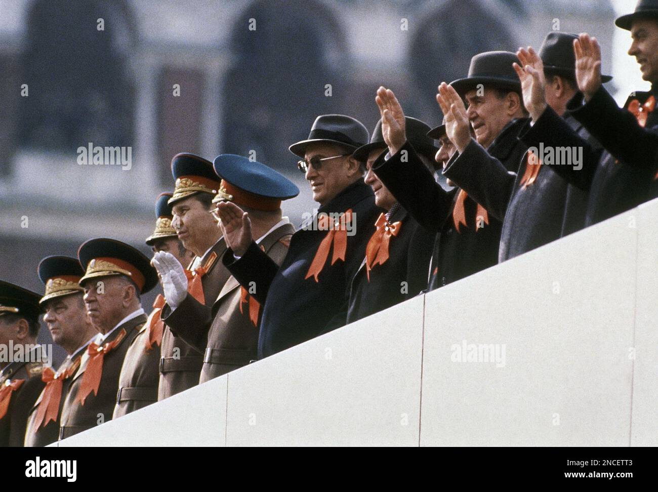 Soviet leader Yuri V. Andropov stands with top Soviet dignitaries on ...