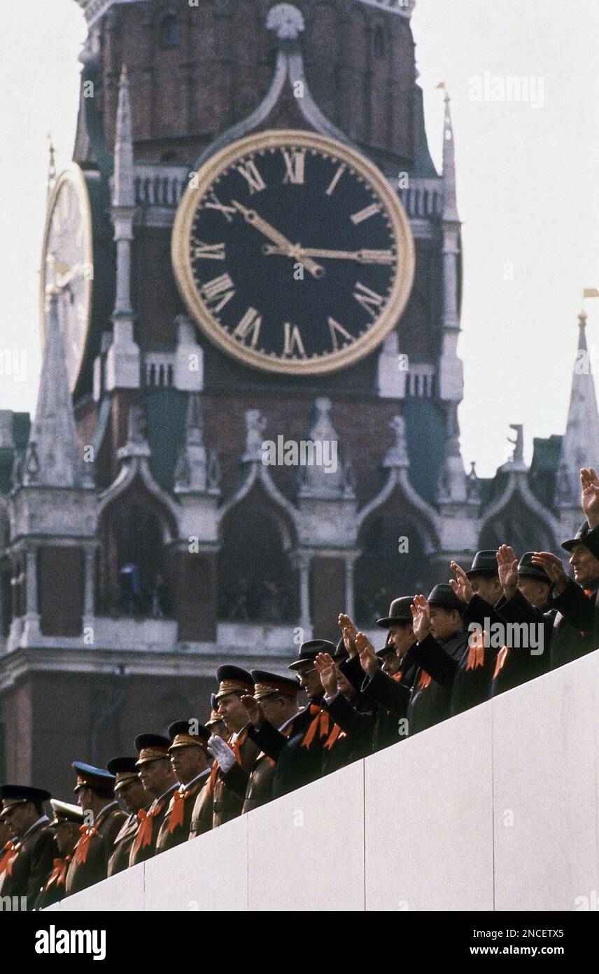 Soviet leader Yuri V. Andropov stands with top Soviet dignitaries on ...
