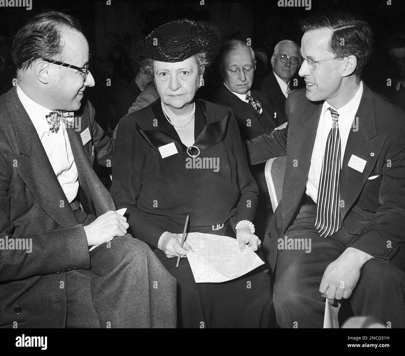 Victor Reuther, left, UAW Educational Director, Miss Frances Perkins ...
