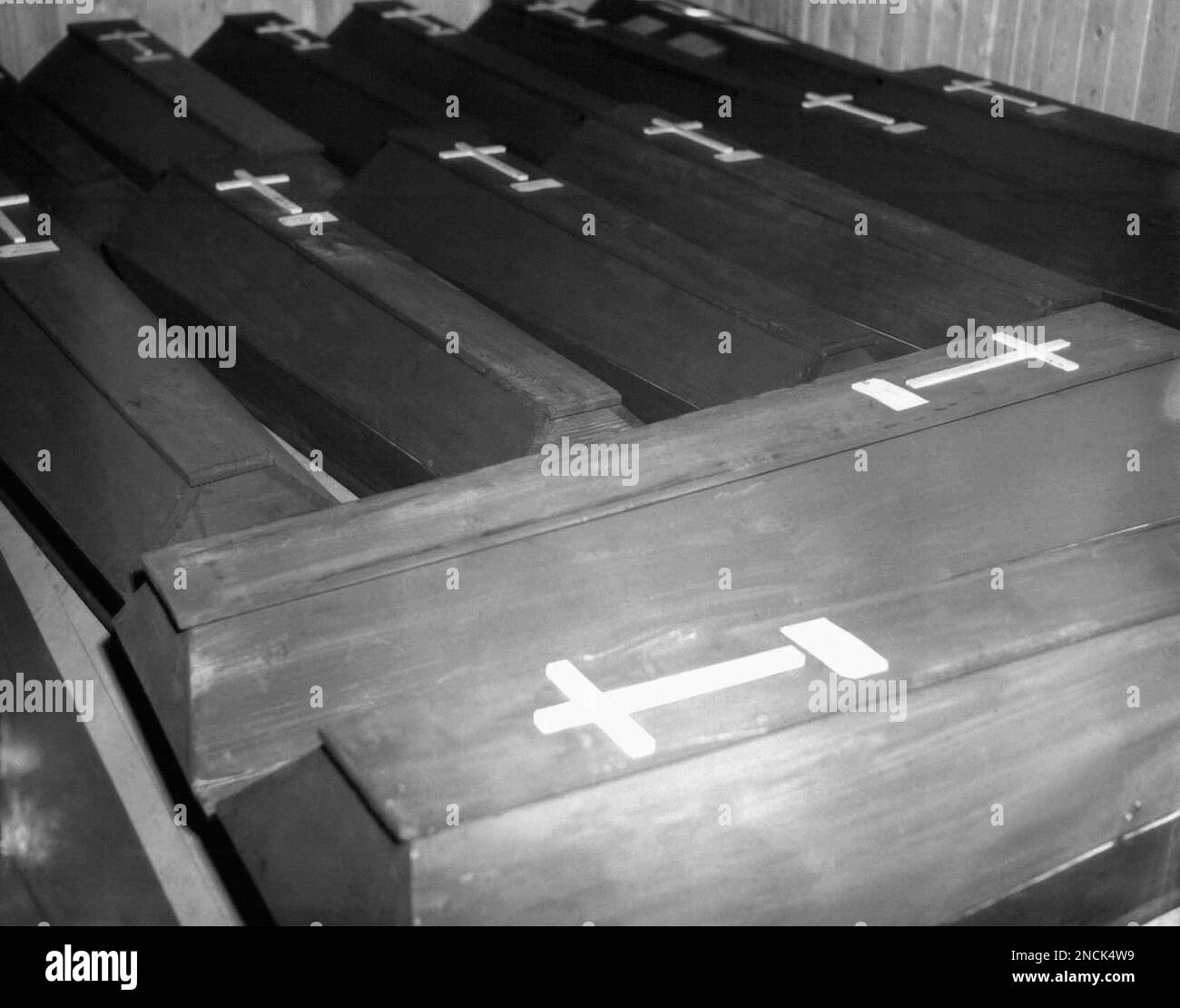 These coffins contain bodies of Nazis executed at Landsberg, Germany ...