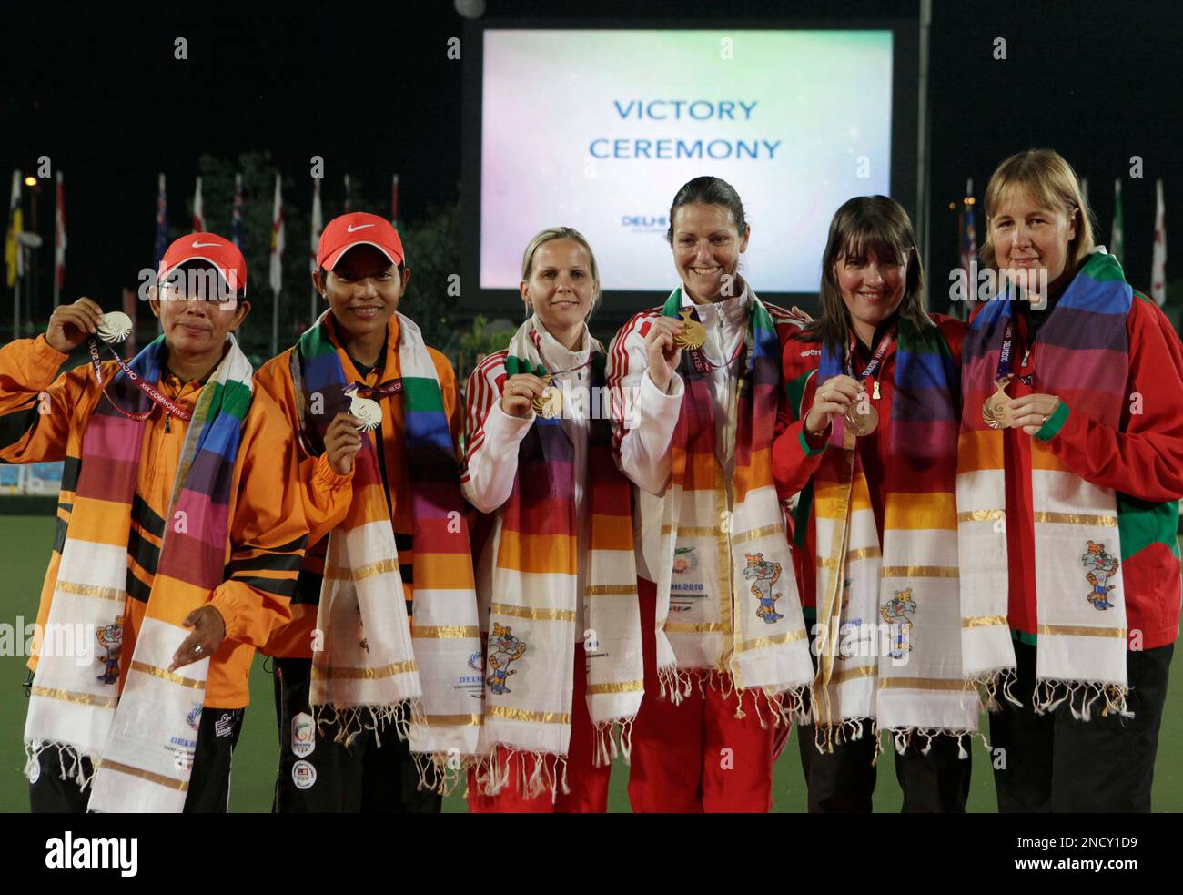 Medal winners of the women's lawn bowl pairs event, from left, Malaysia ...