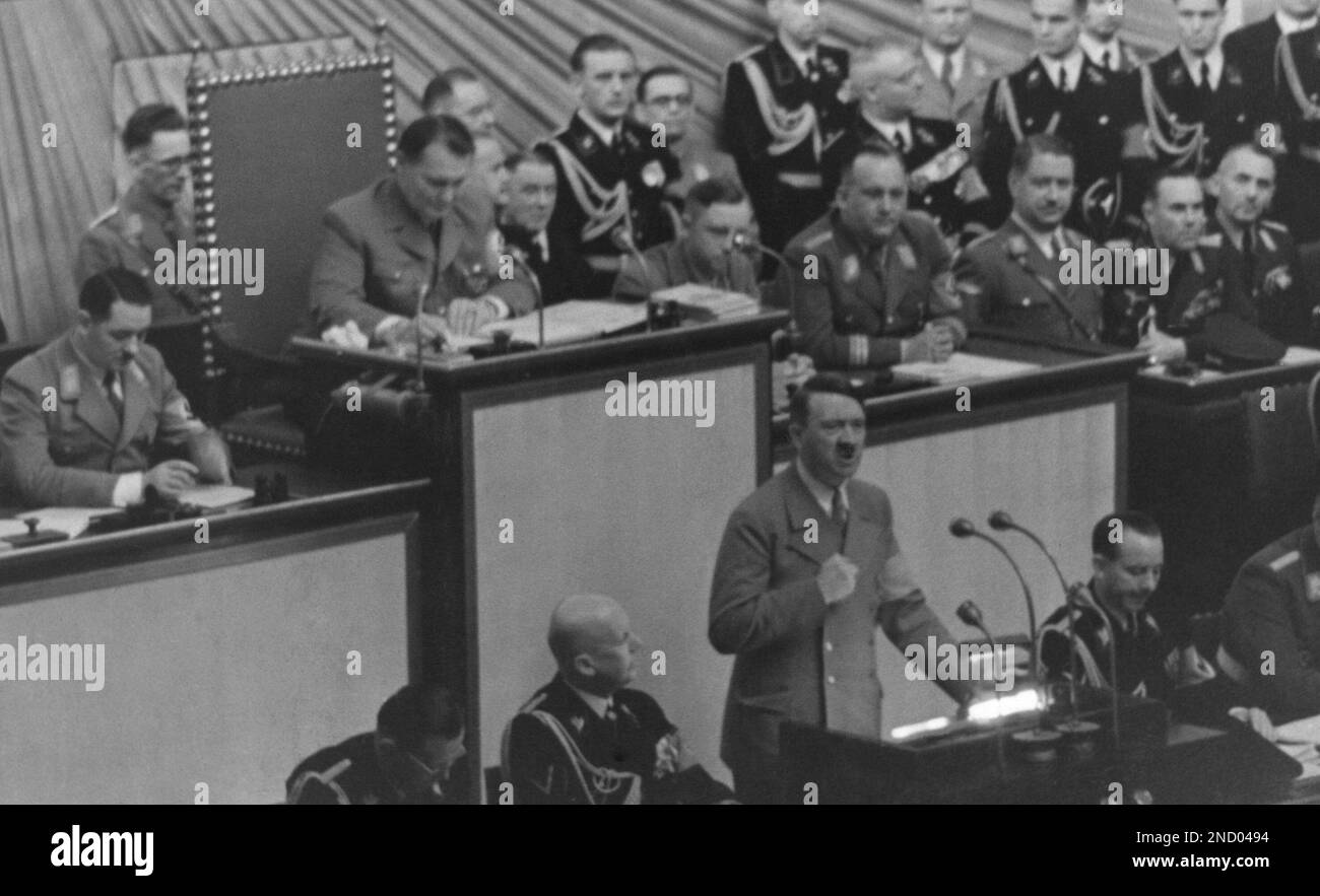 Adolf Hitler during his speech to the Reichstag, Jan. 30, 1939. At left ...