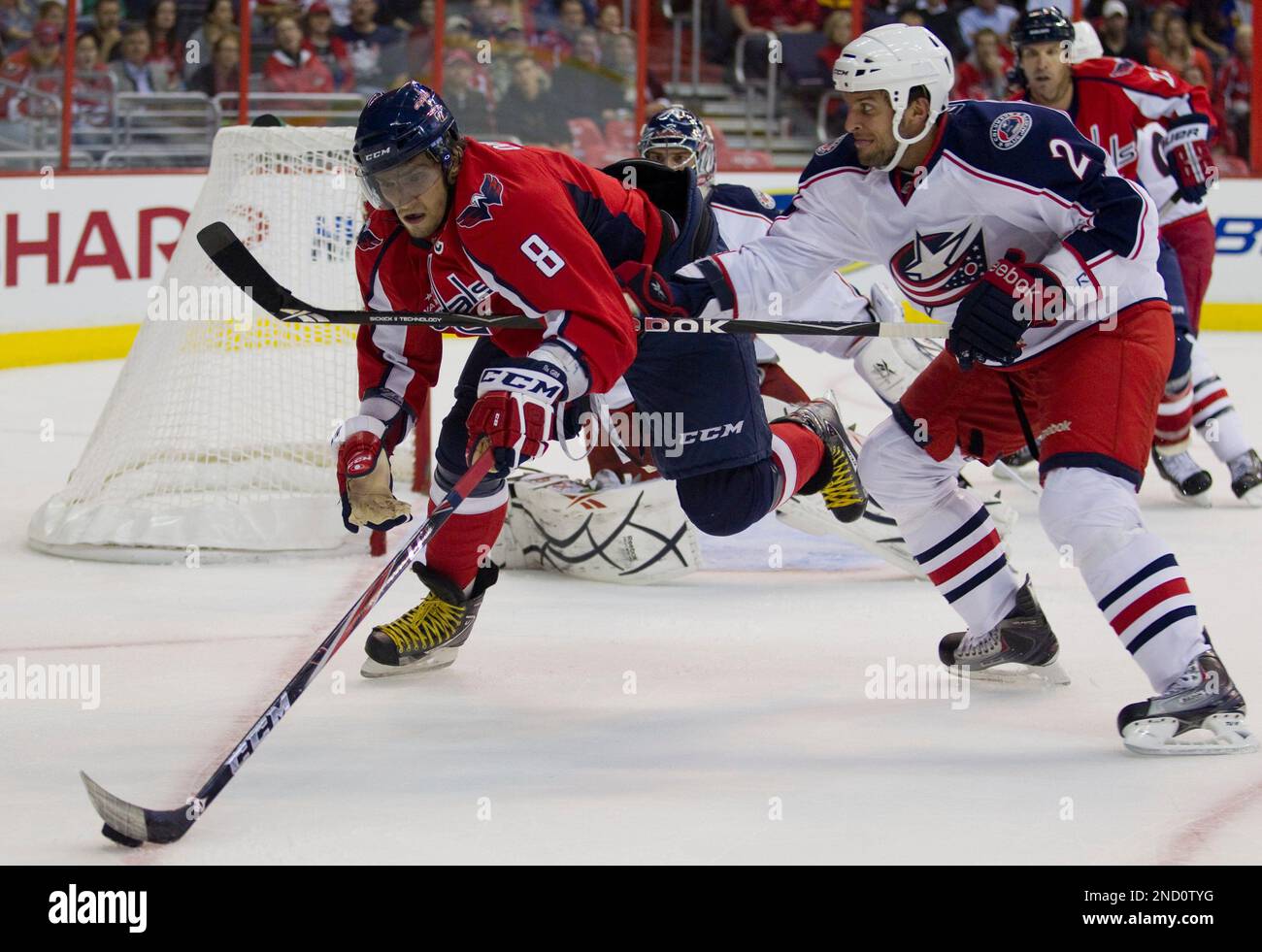 Washington Capitals Alex Ovechkin, left, fights with Columbus Blue ...