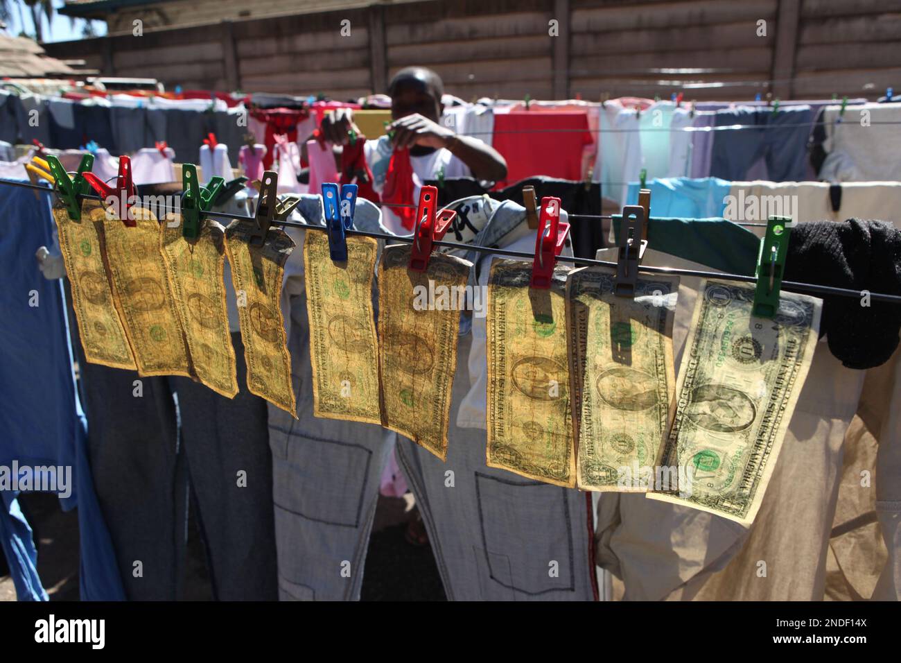 U.S one dollar notes hang on a drying line after been washed in Harare ...
