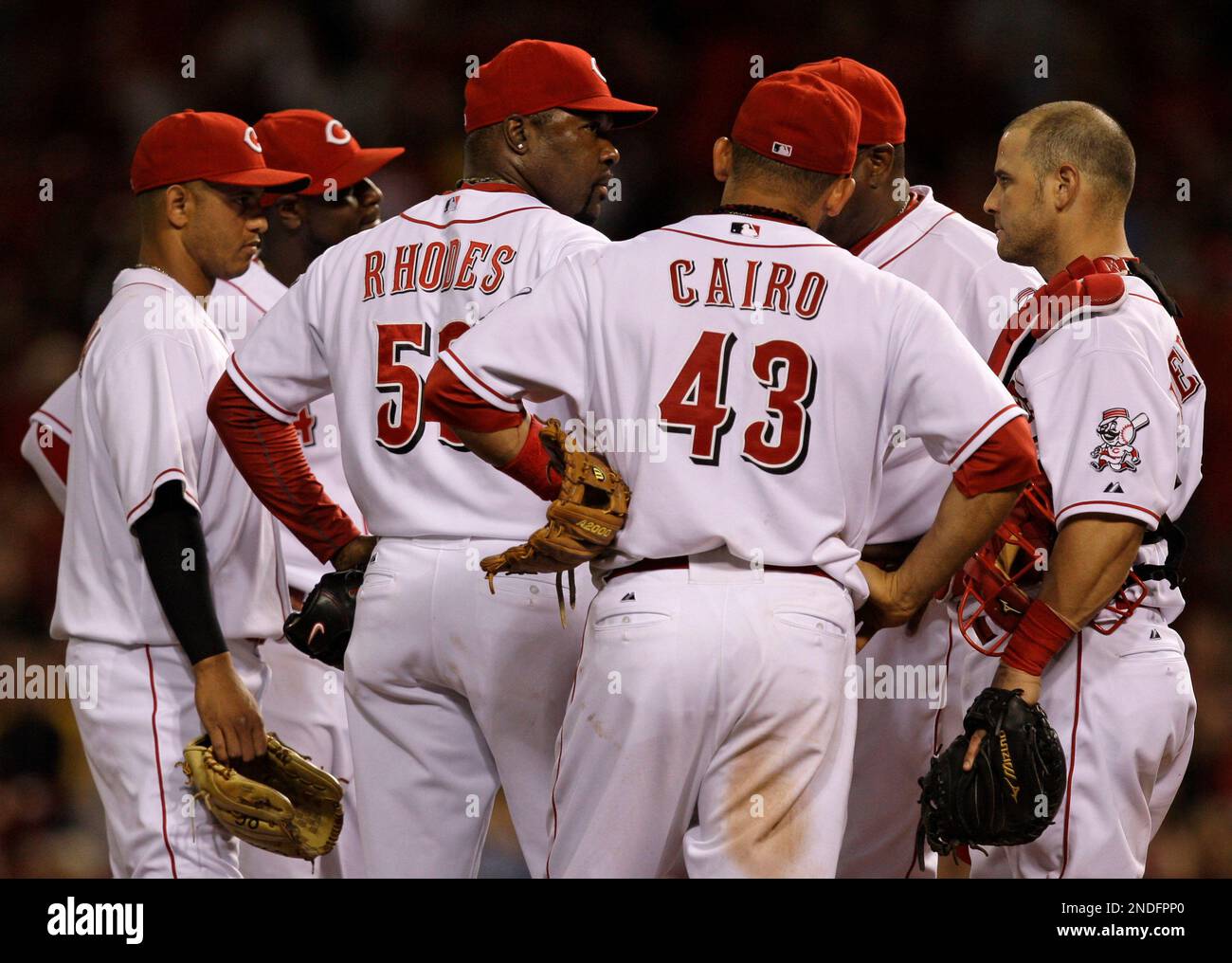 Cincinnati Reds relief pitcher Arthur Rhodes (53) is taken out of their ...