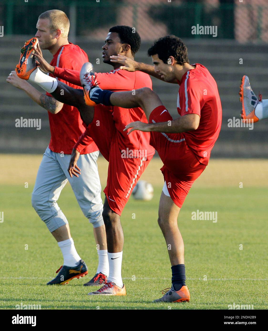 U.S. national soccer players, from left, Jay DeMerit, Robbie Findley ...
