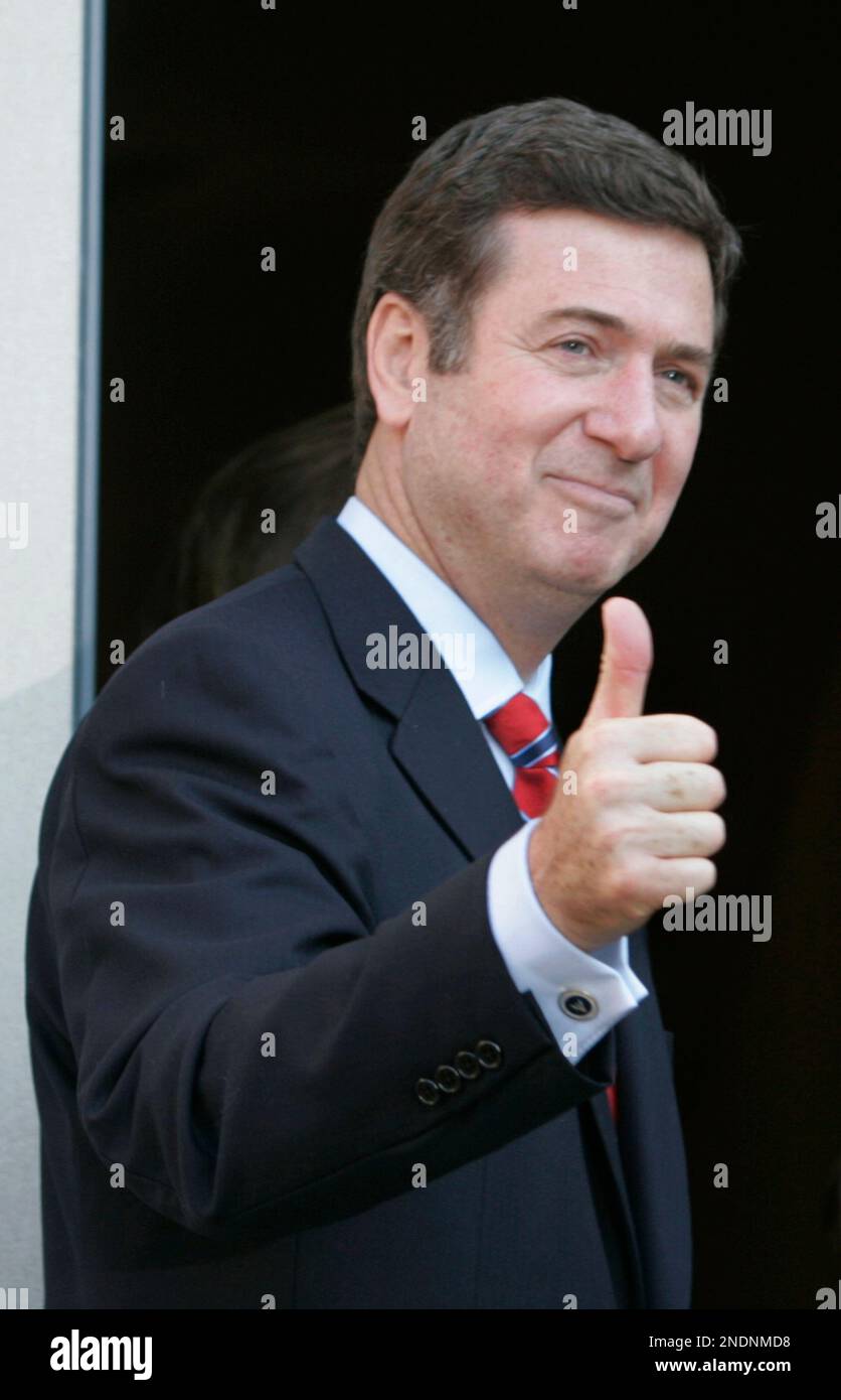 FILE - In this Nov. 9, 2006 file photo, Sen. George Allen, R-Va., gives ...