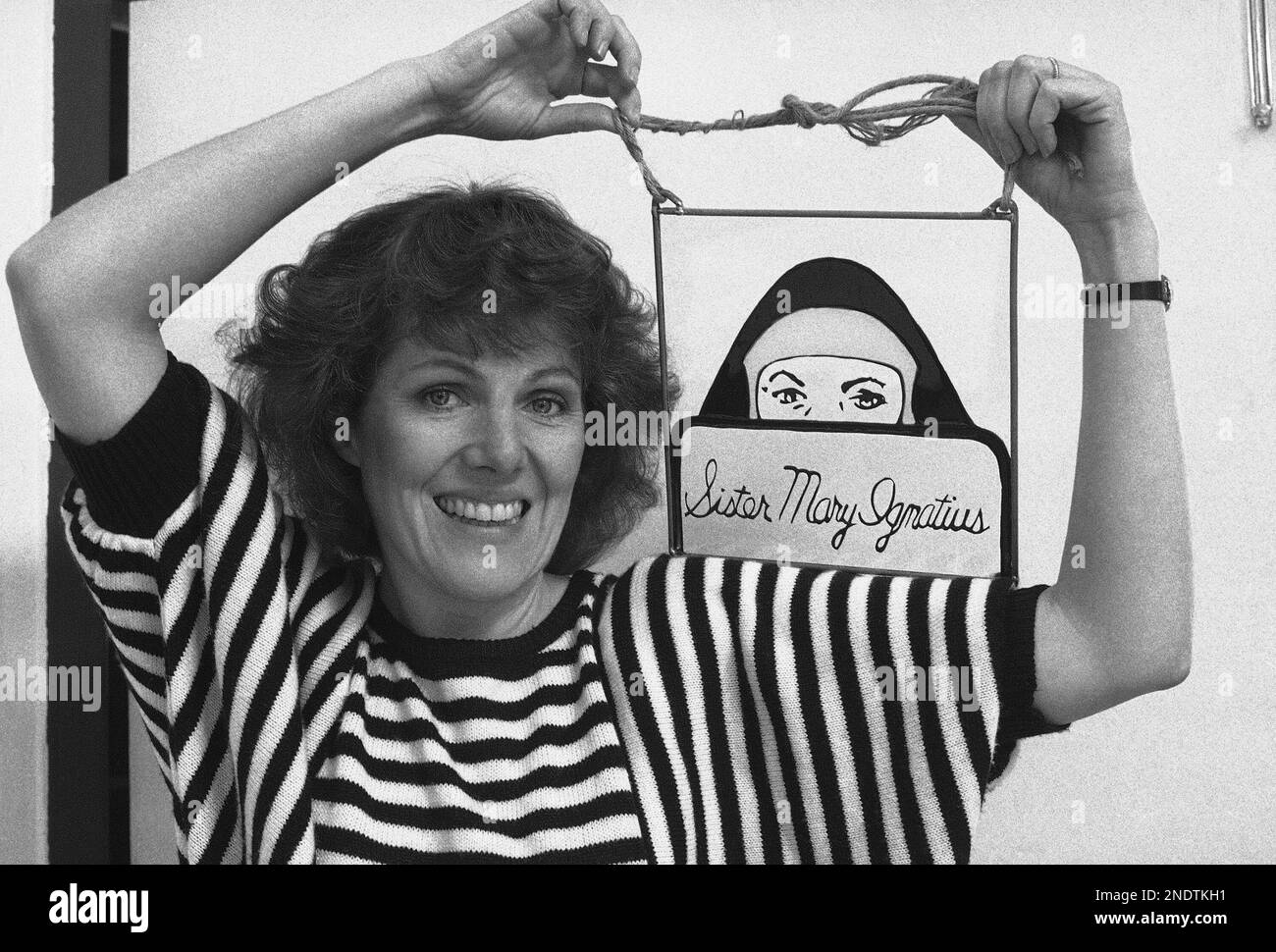 Actress Lynn Redgrave on April 14, 1983, holds a stained-glass design ...