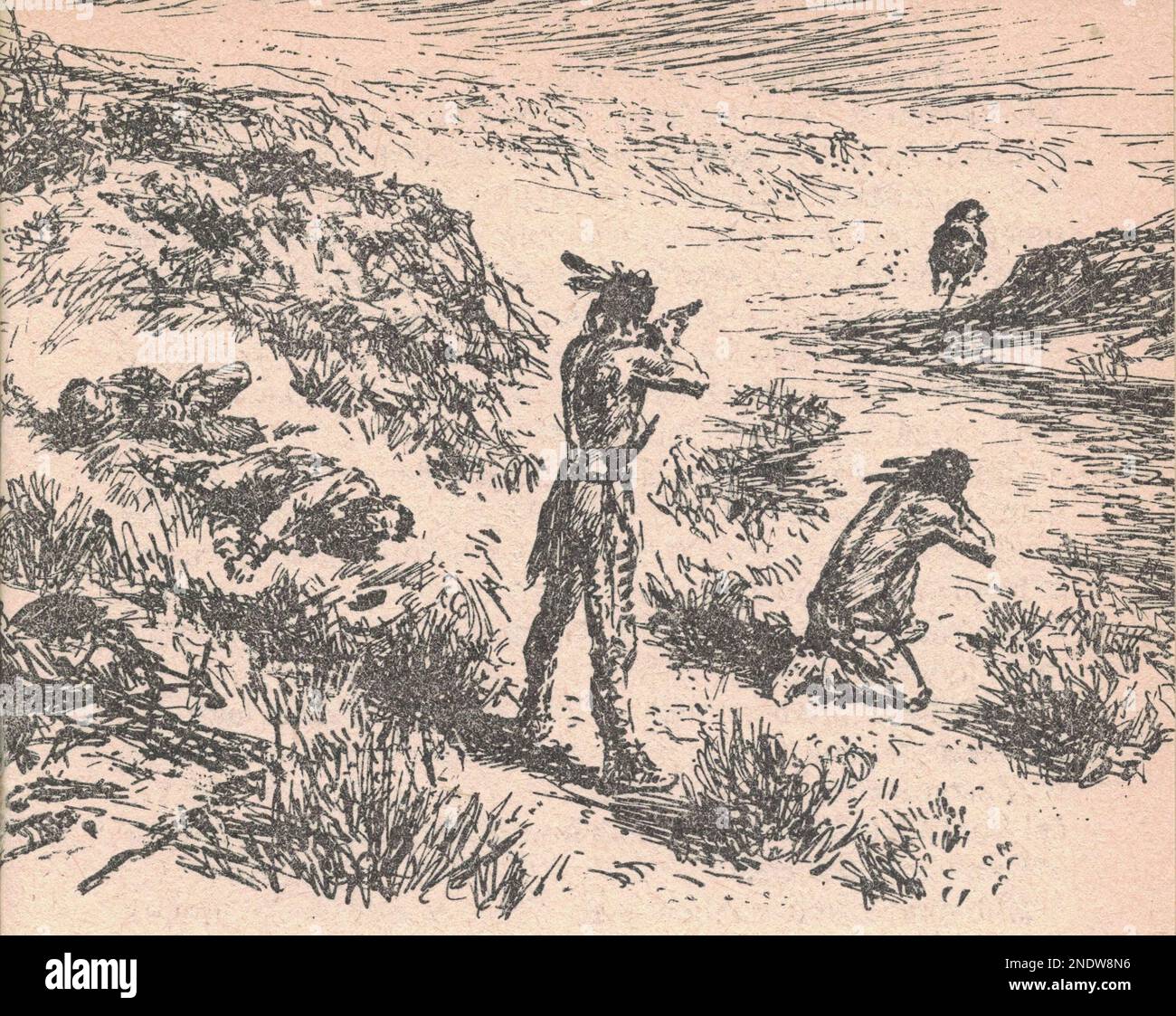 Wilder Westen-Gemälde. Die alte Abbildung zeigt zwei Indianer, die auf ...