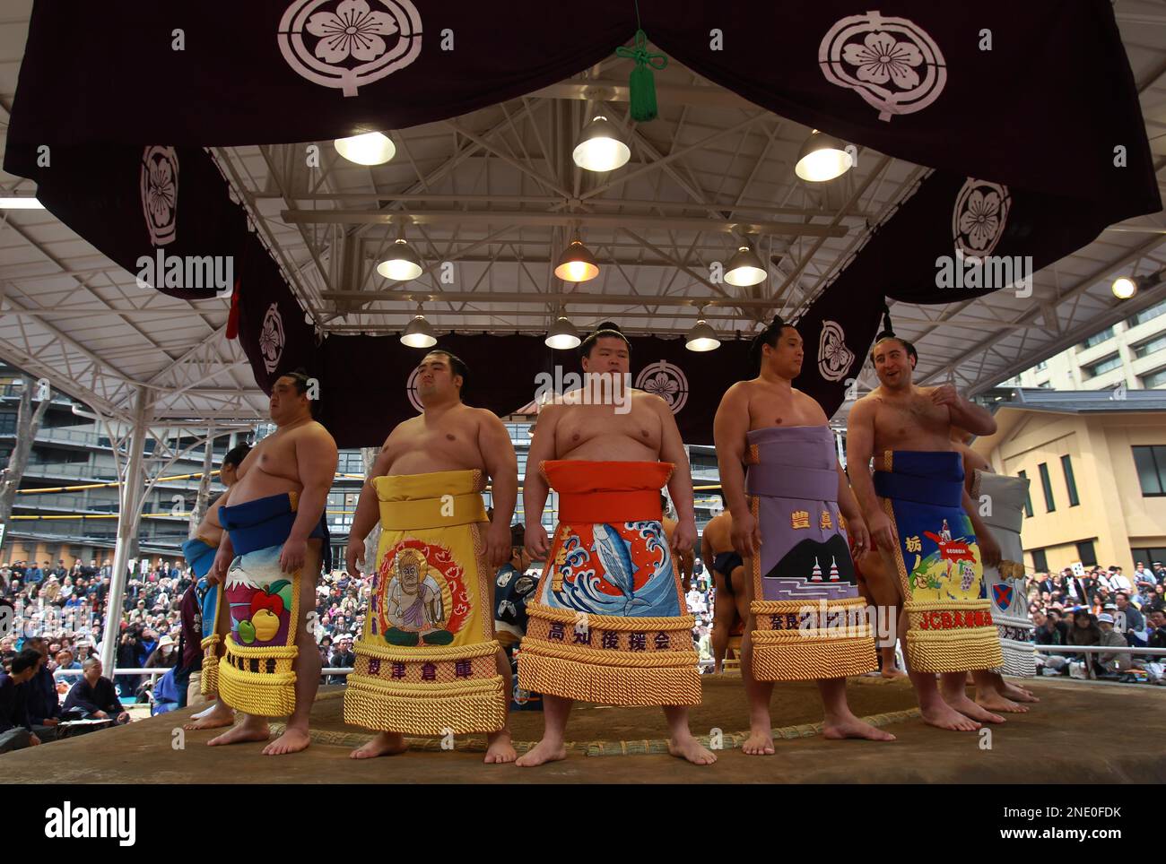 Sumo wrestlers gather together before an exhibition match at Tokyo's ...