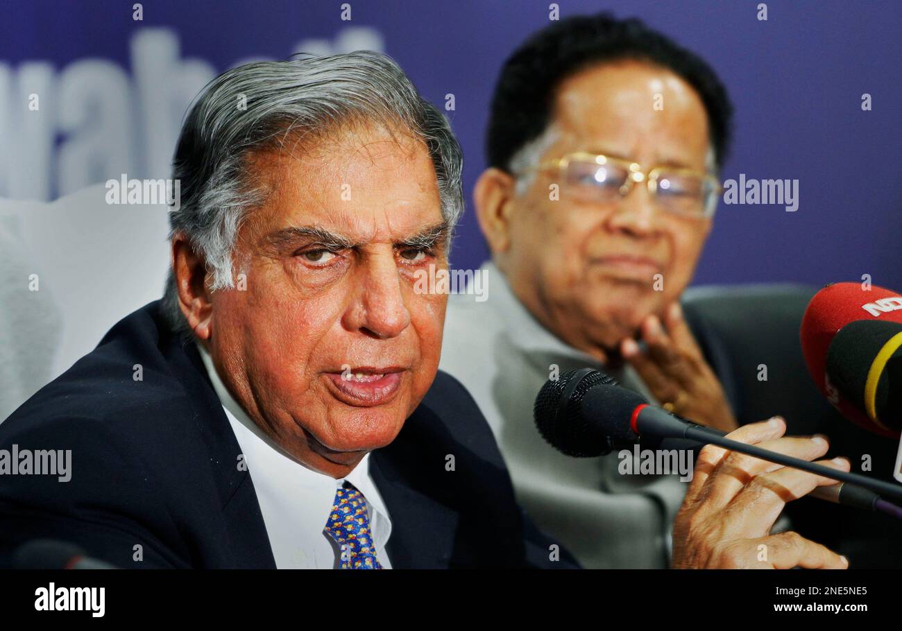 Tata Group Chairman Ratan Tata, left, addresses the media as Assam ...
