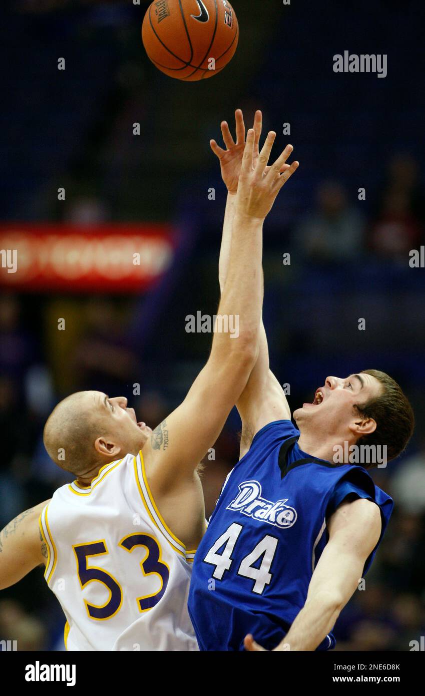 Northern Iowa's Jordan Eglseder (53) jumps for the ball against Drake's ...