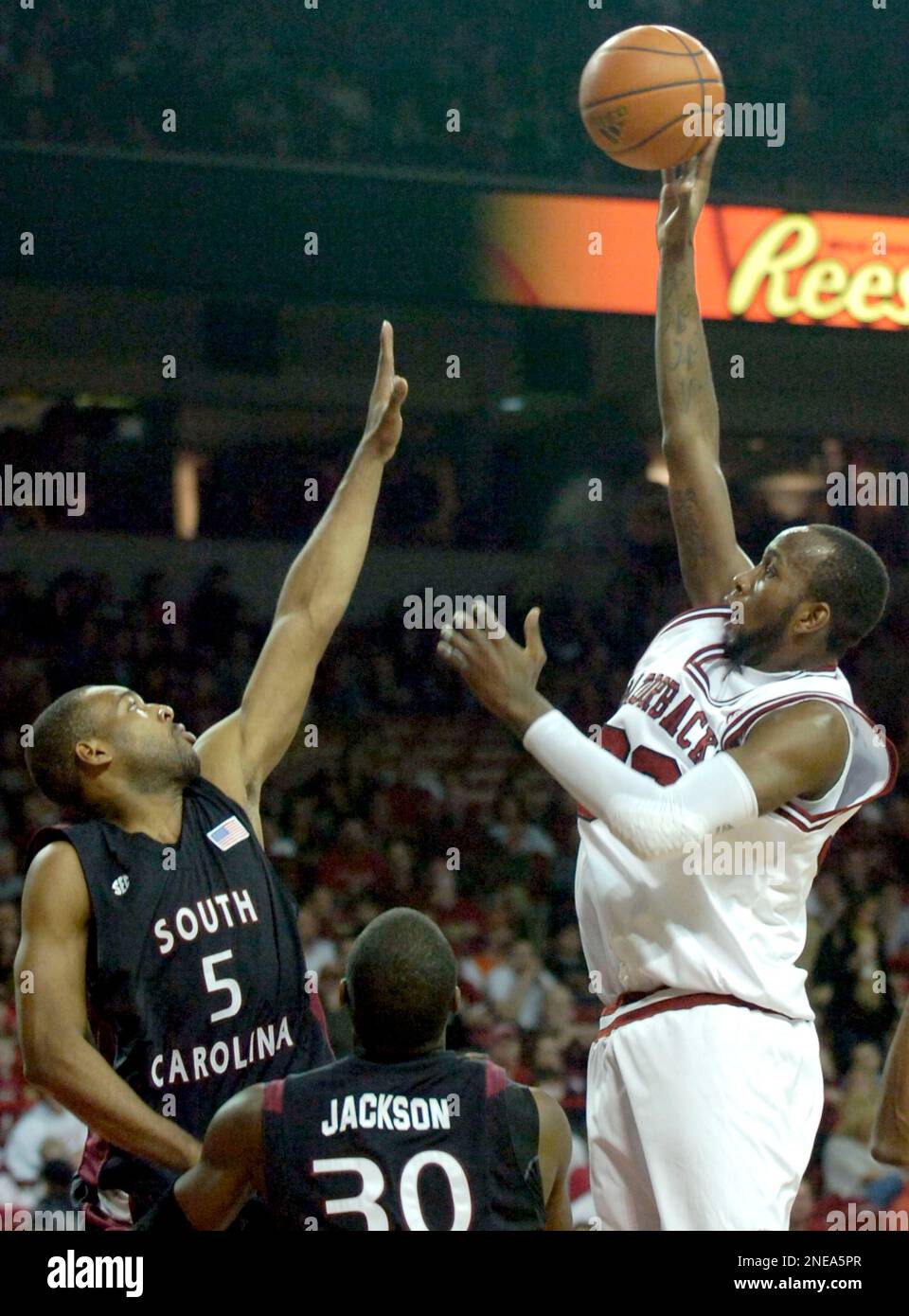 Arkansas' Marshawn Powell, right, takes a shot over South Carolina's ...