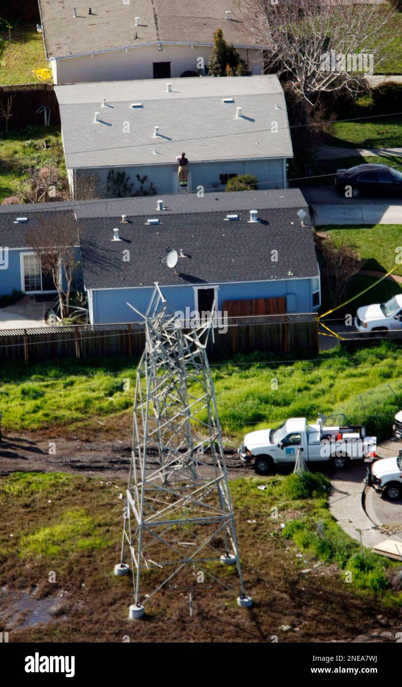 Aerial view of a power transmission tower that was damaged after a ...