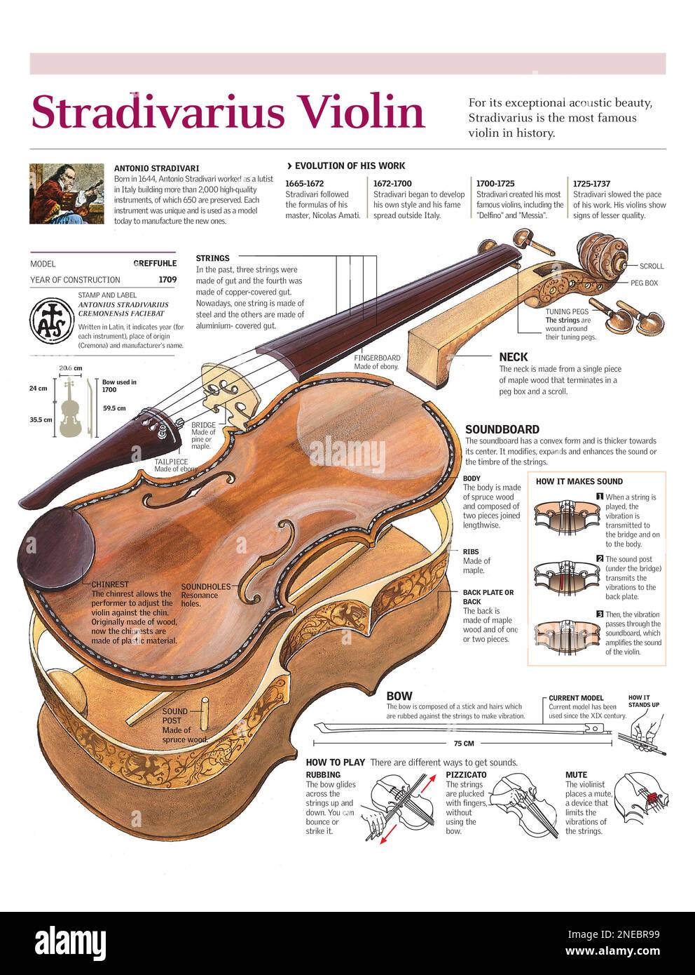 Infografiken der Teile einer Stradivarus-Geige, ihre Entwicklung und Funktionsweise. [Adobe ...
