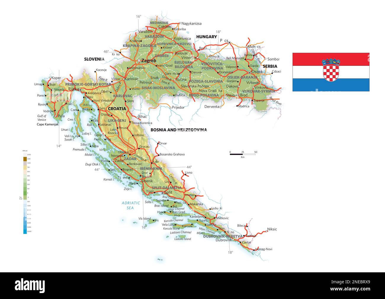 Physische und politische Landkarte Kroatiens. [Adobe Illustrator (.ai ...