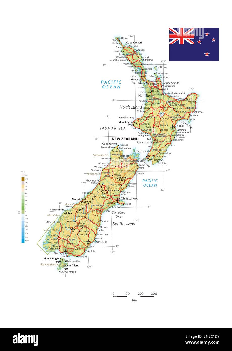 Physische und politische Karte Neuseelands. [Adobe Illustrator (.ai ...