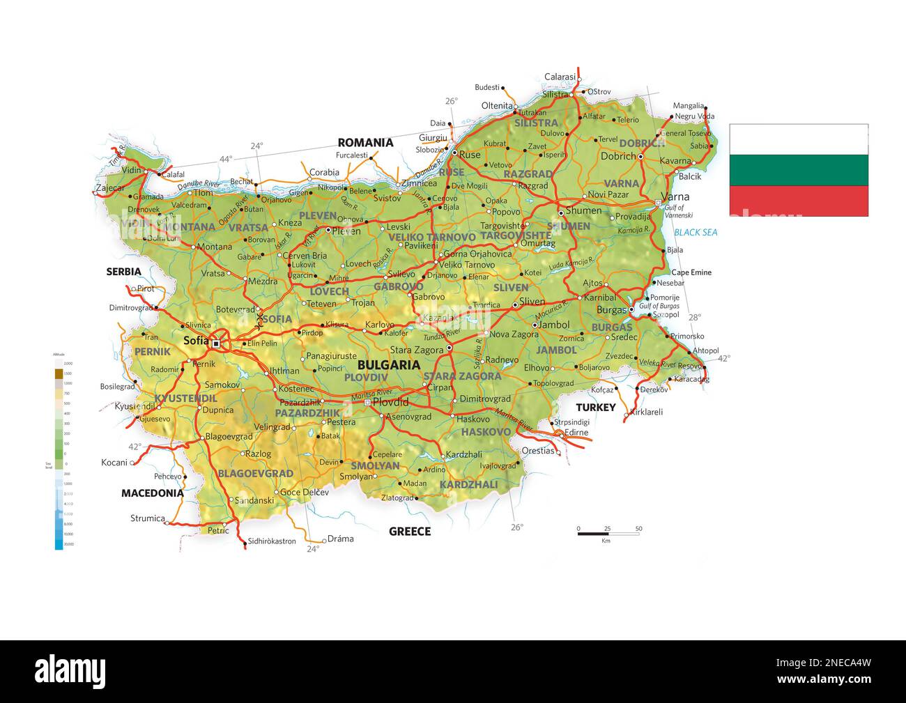 Physische und politische Landkarte Bulgariens. [Adobe Illustrator (.ai ...