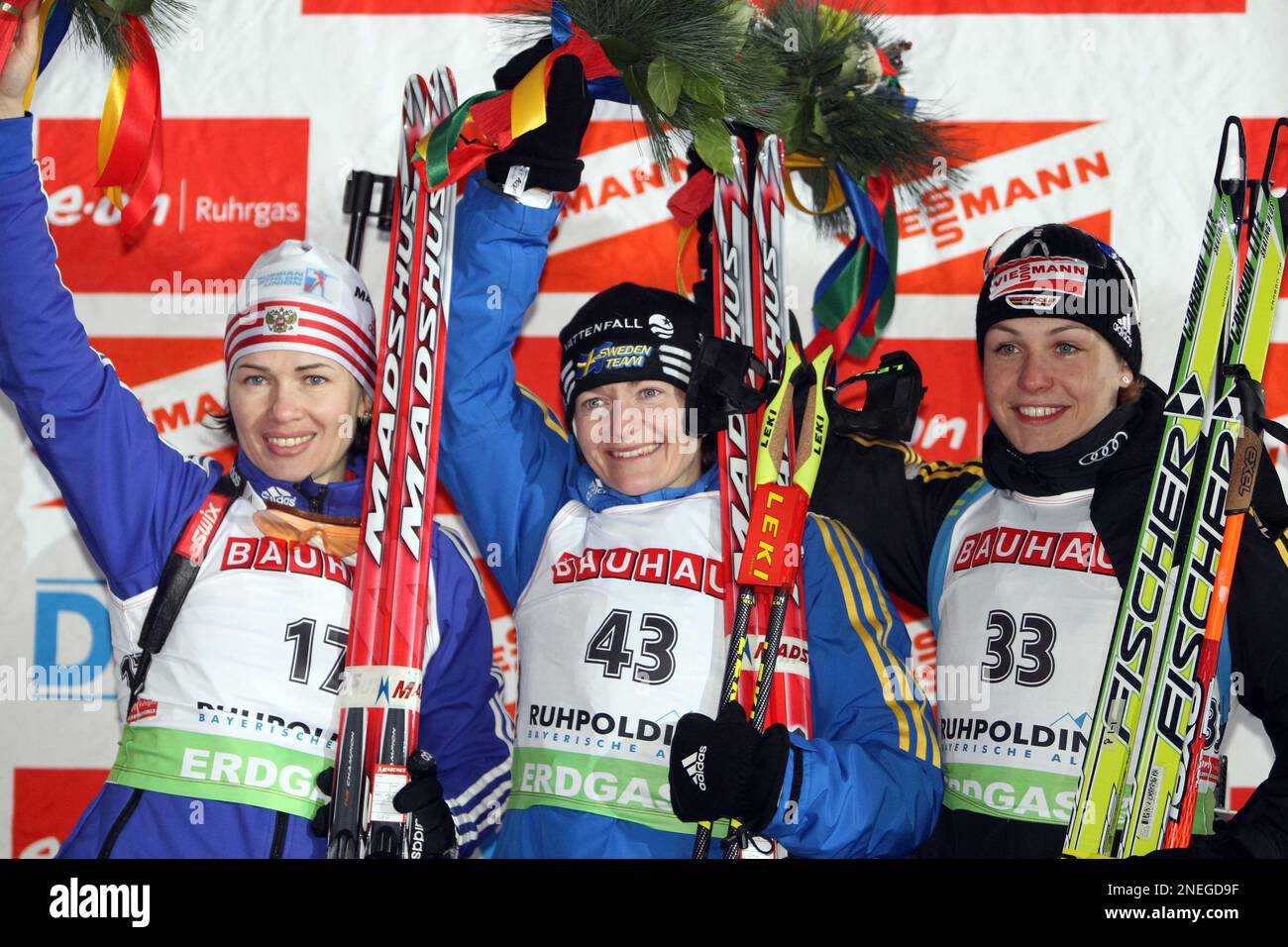 Sweden's Anna Carin Olofsson-Zidek, center, celebrates on the podium ...