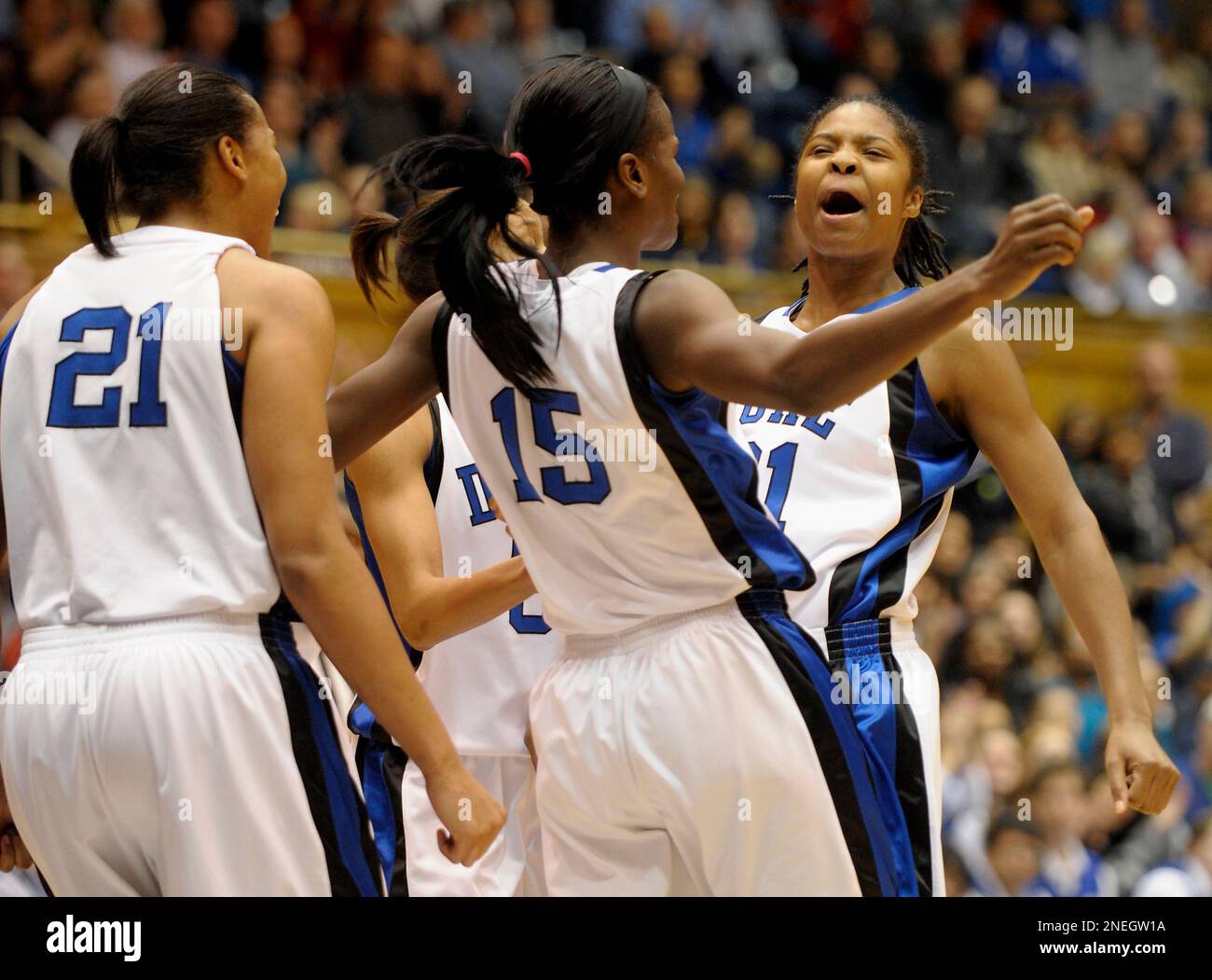 Duke's Keturah Jackson, right, celebrates her basket and a foul with ...