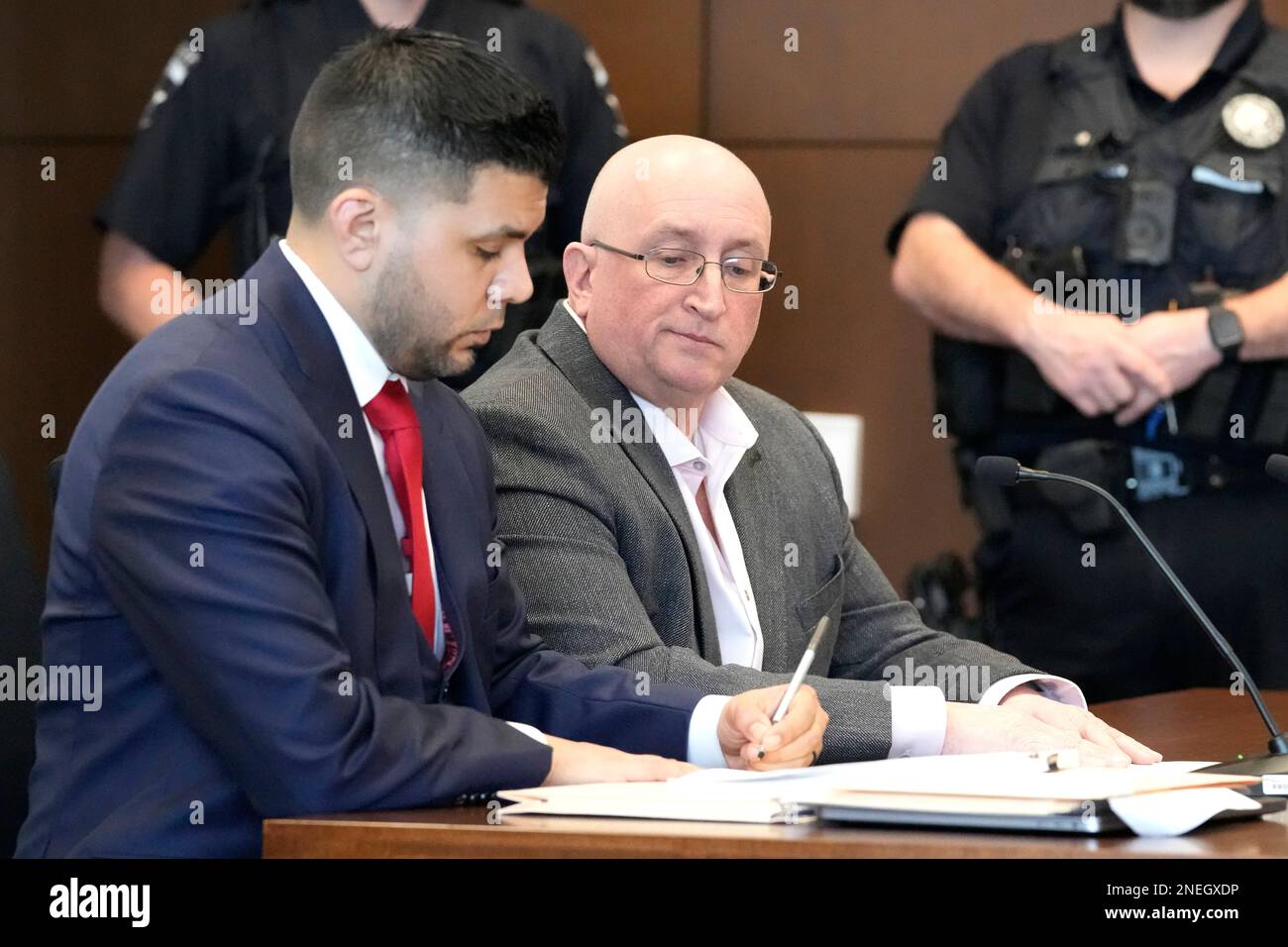 Robert E. Crimo Jr., right, watches his attorney George Gomez make ...