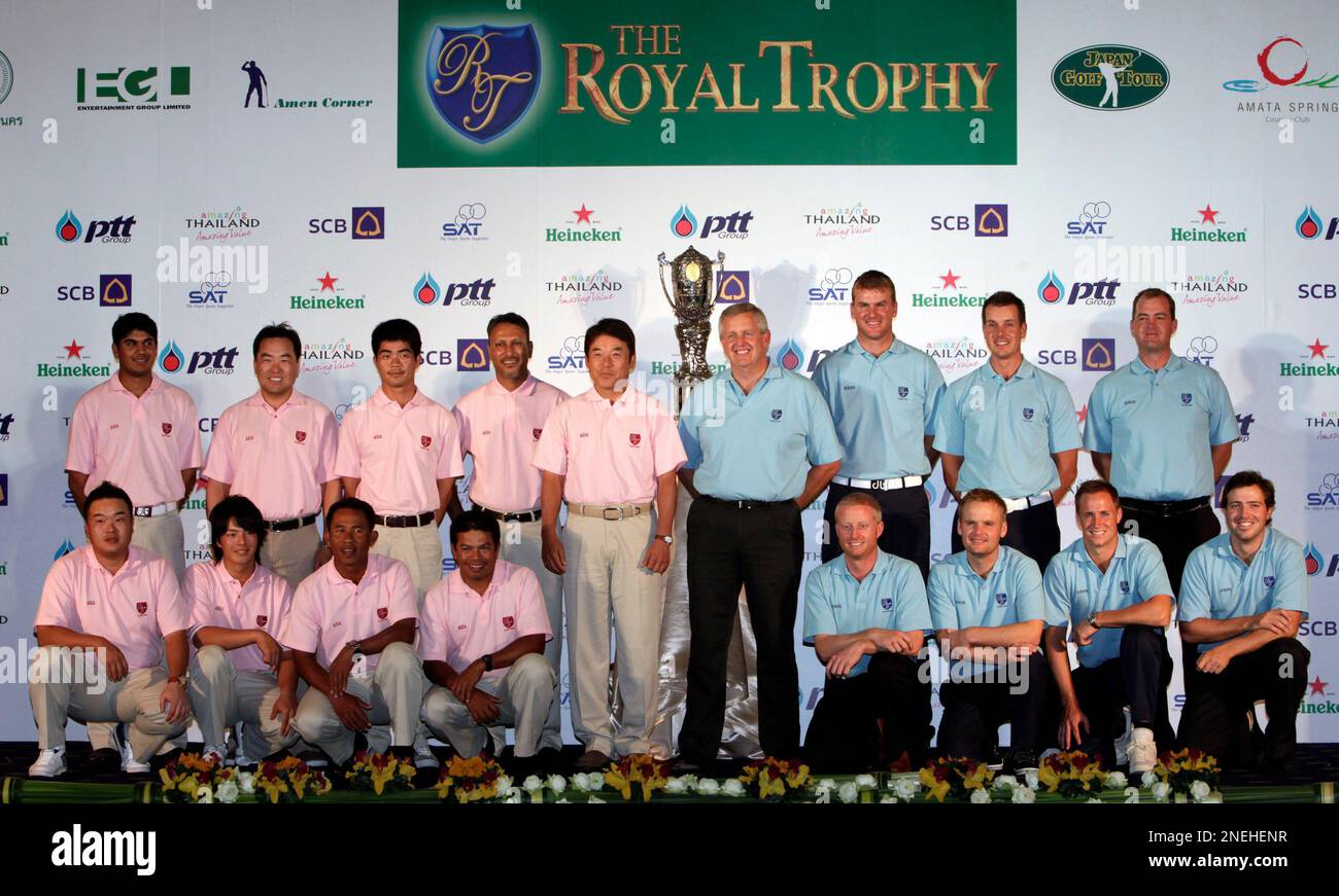 Team Asia-European members pose for a group photo after a press ...
