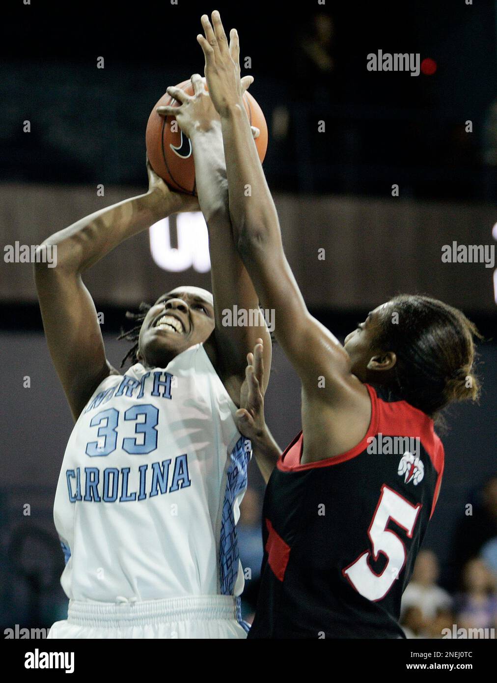 North Carolina forward Laura Broomfield (33) shoots the ball over Winston-Salem State center ...