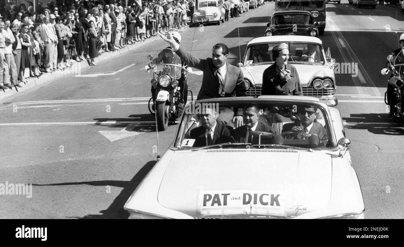 Vice President Richard M. Nixon and Mrs. Nixon greet a lunch time crowd ...