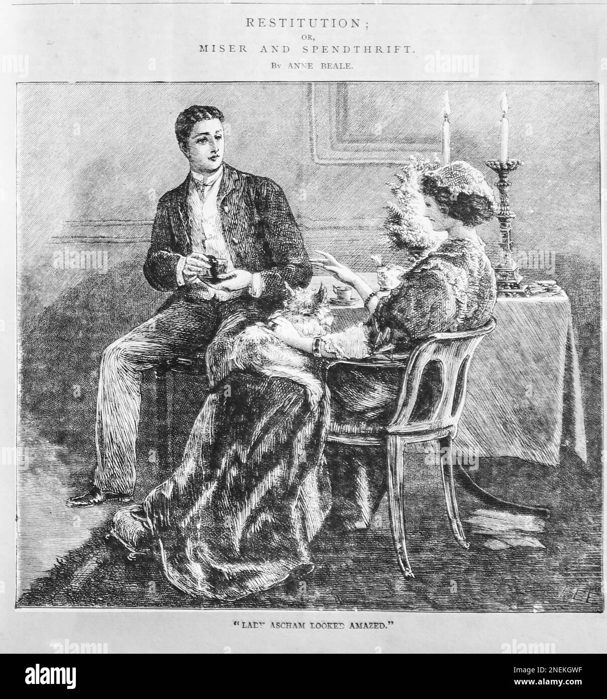 Eine Skizze aus dem 19. Jahrhundert, auf der ein junges Paar an einem ...