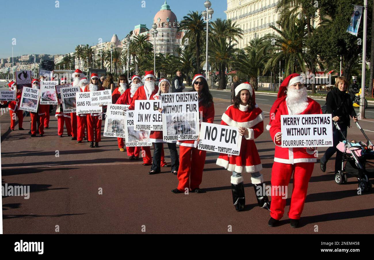 Activists from french anti-fur group "Fur Torture" dressed as Santa ...