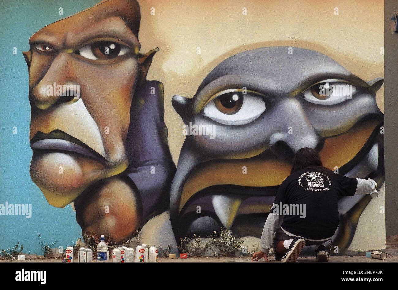 Graffiti artist Jamie Reyes works on a piece titled ?Cause of Insanity ...