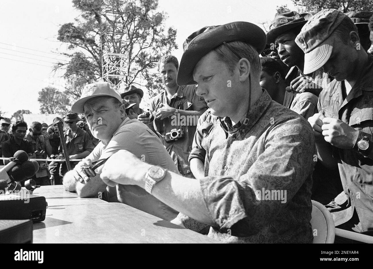 Bob Hope and Apollo 11 astronaut, Neil Armstrong, go through a routine ...