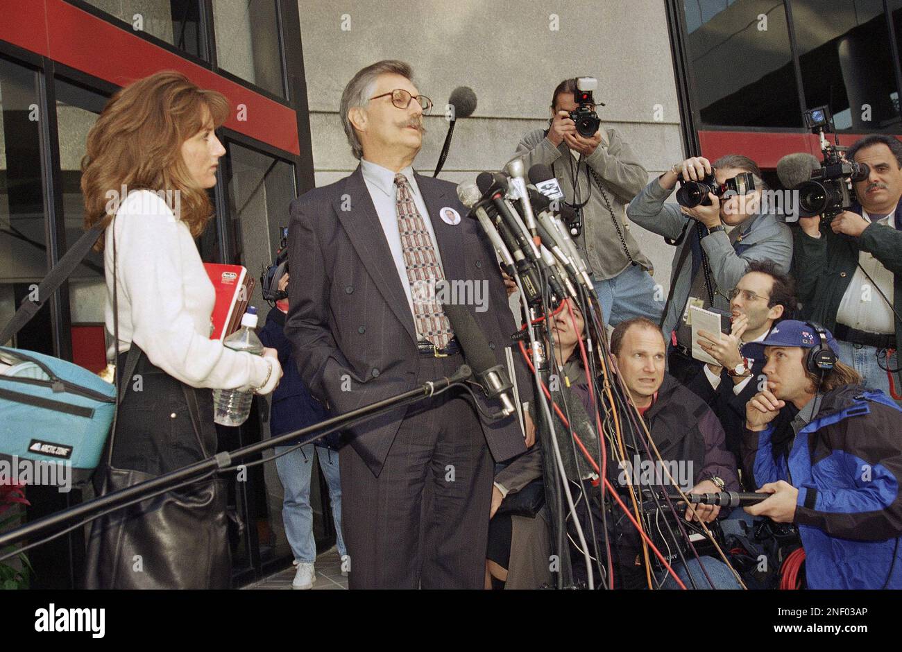 Fred Goldman speaks to news media after a deposition meeting with O.J ...