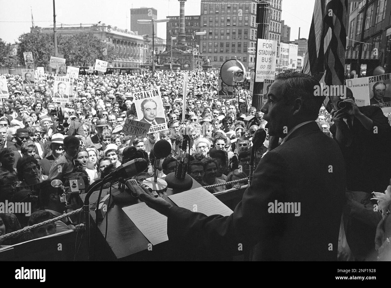 Pennsylvania Governor William W. Scranton addresses a crowd, estimated ...