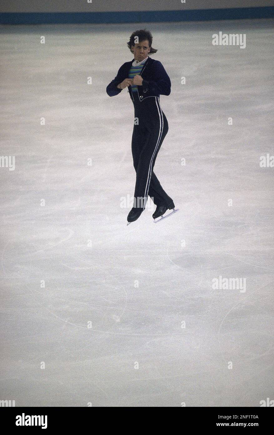 Kurt Browning of Canada jumps on the ice ring of the Paris Bercy ...