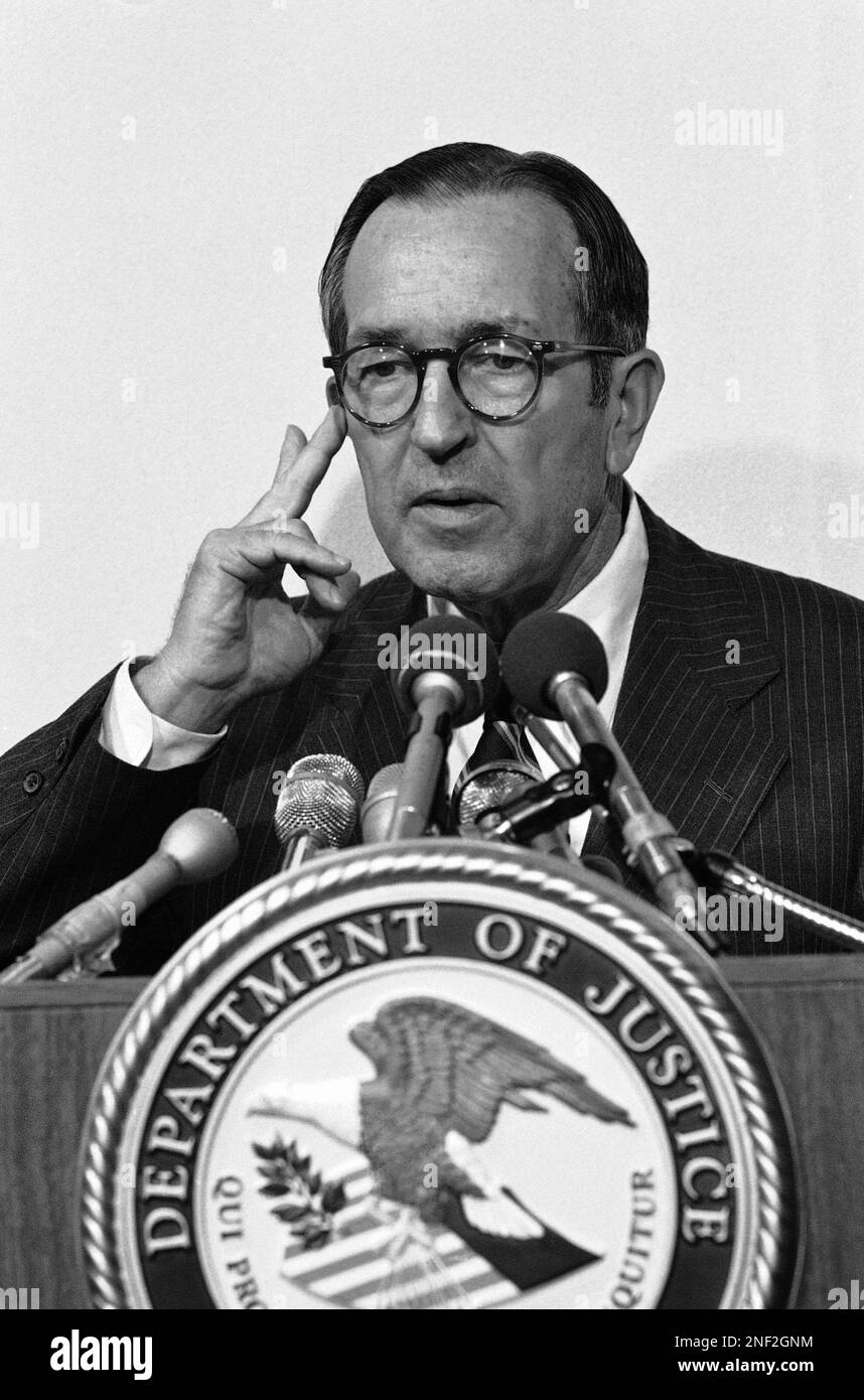 Attorney General Griffin Bell talks to reporters at the Justice ...