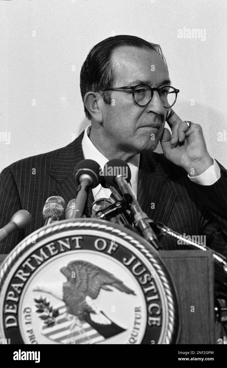 Attorney General Griffin Bell talks to reporters at the Justice ...