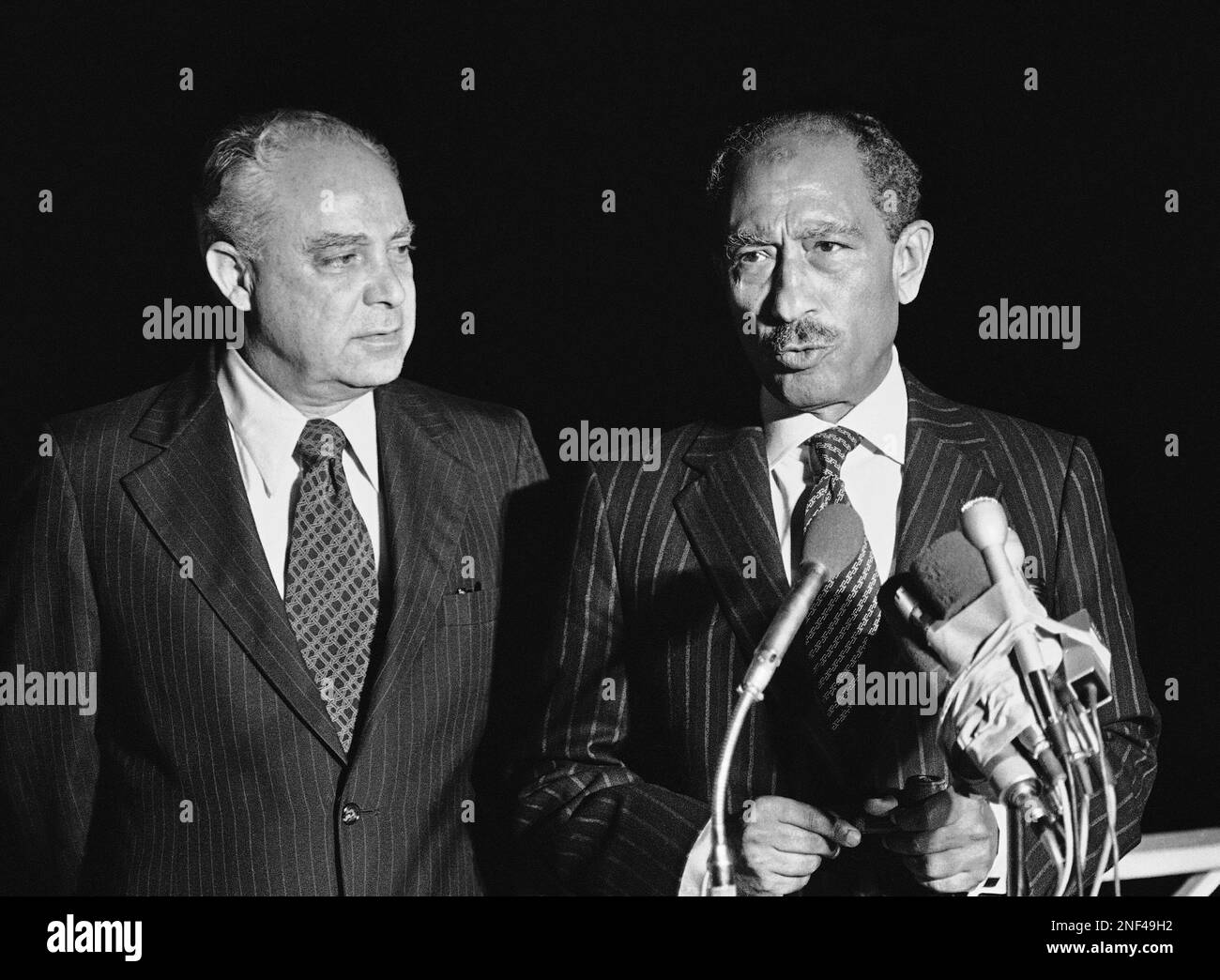 Egyptian President Anwar Sadat talks to reporters after his 90 minute ...