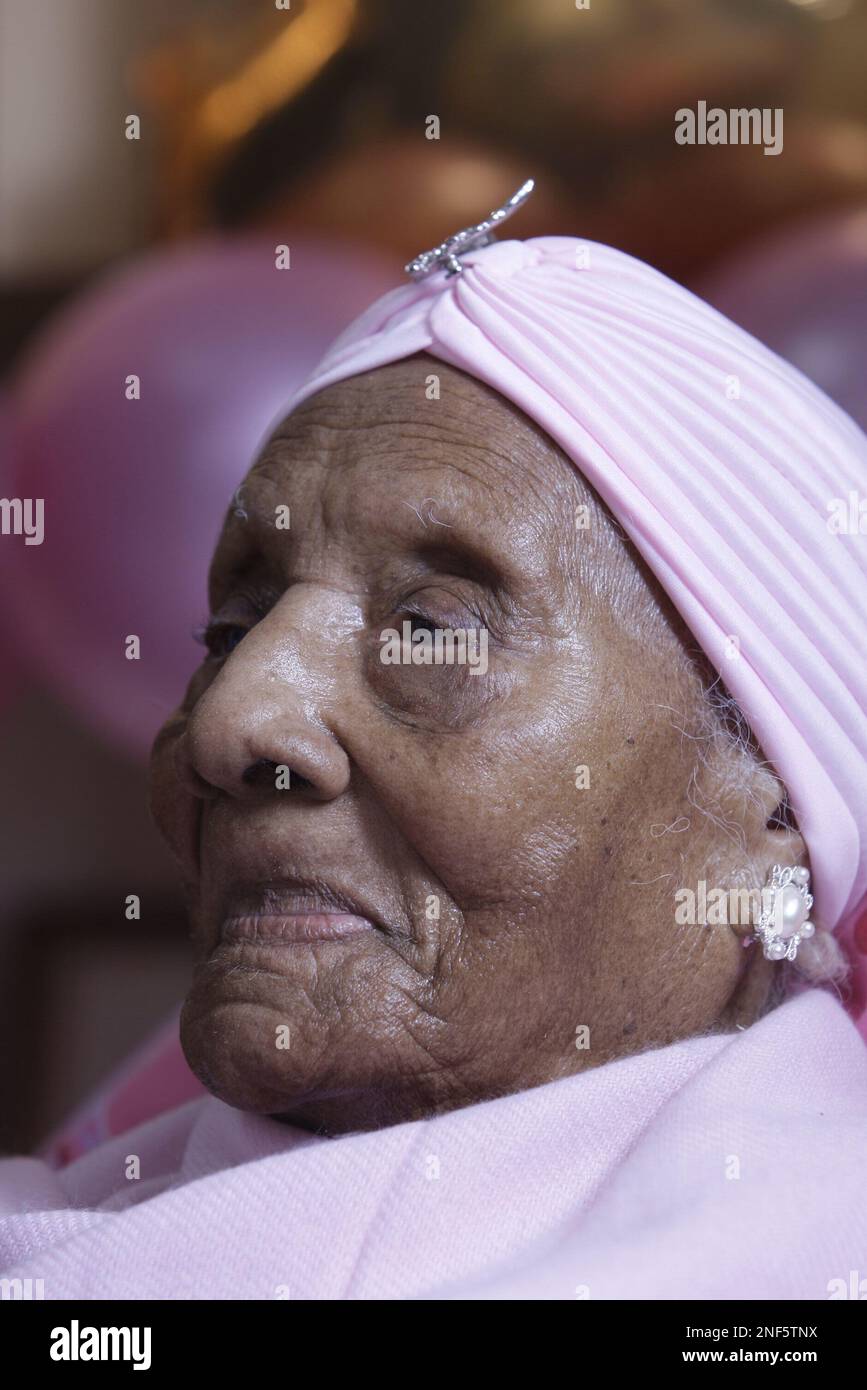 Gertrude Baines poses as she celebrates her 115th birthday Monday ...
