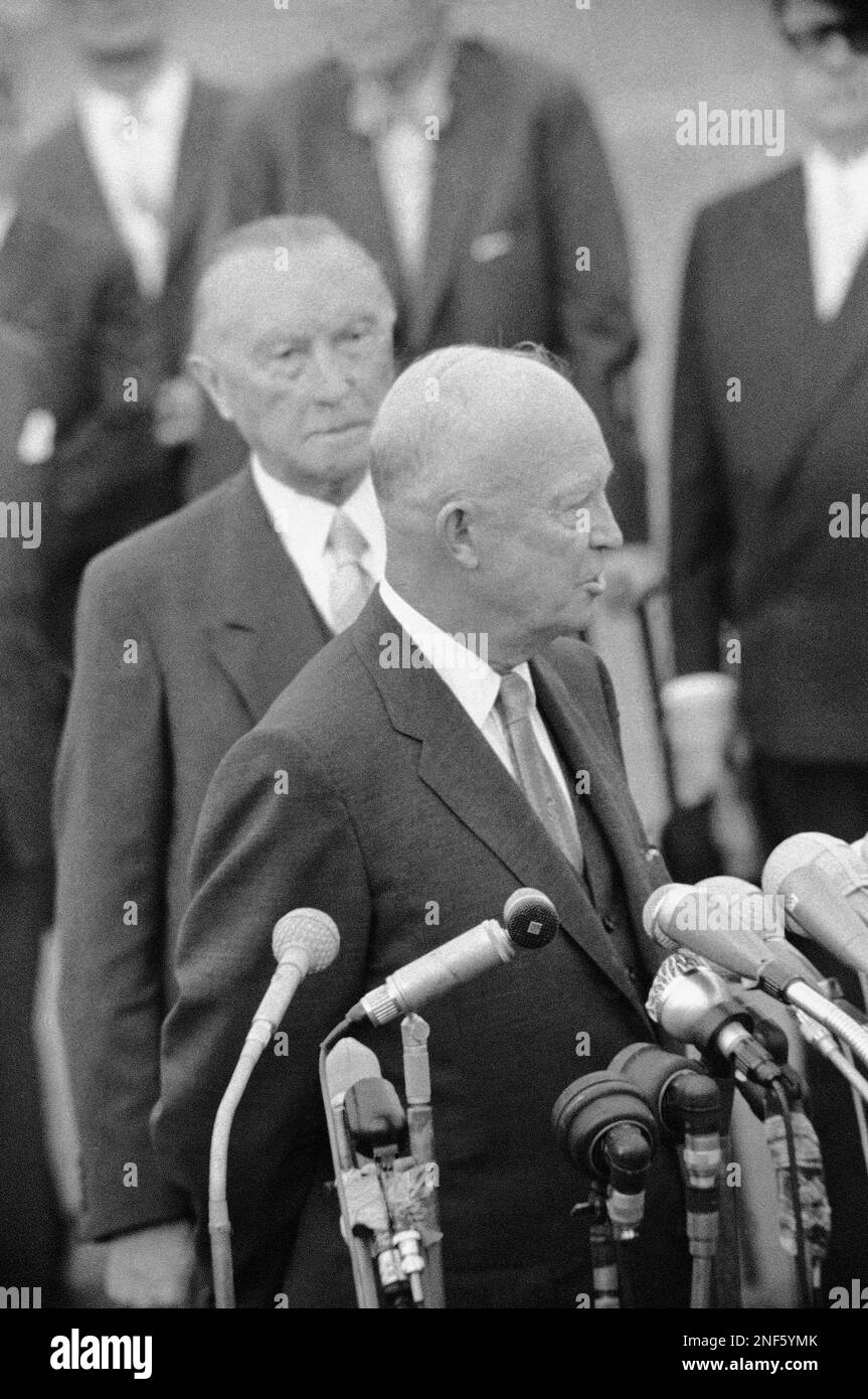 Pres. Dwight D. Eisenhower is shown speaking on his arrival at the Bonn ...