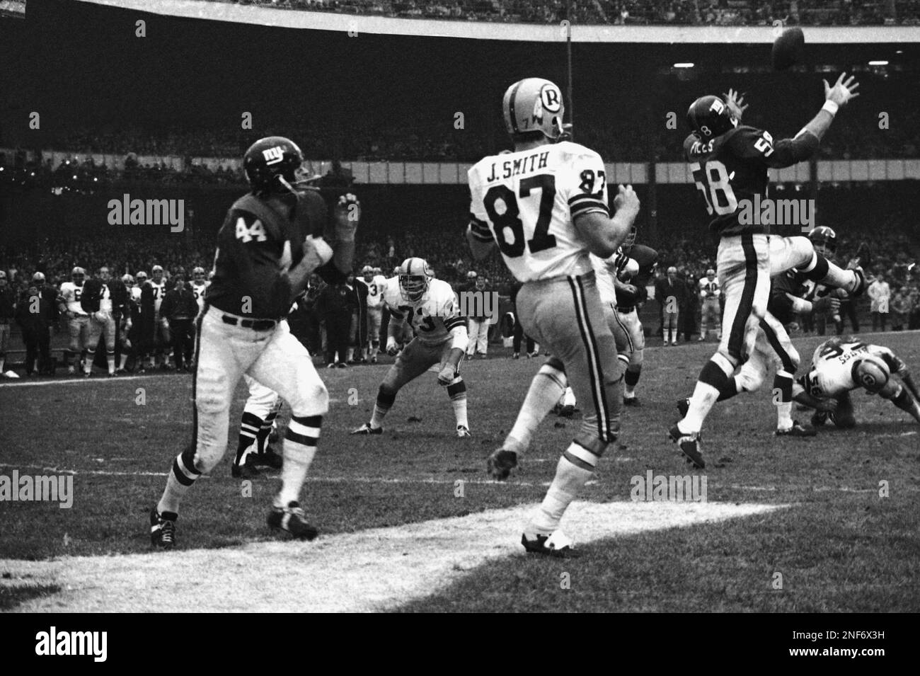 New York Giants middle line backer Jim Files intercepts pass from ...