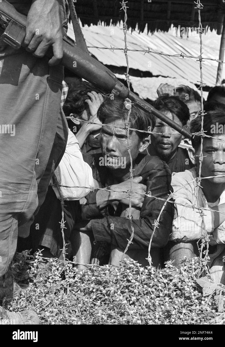 Communist Viet Cong Guerrilla peers under guards weapon through barbed ...