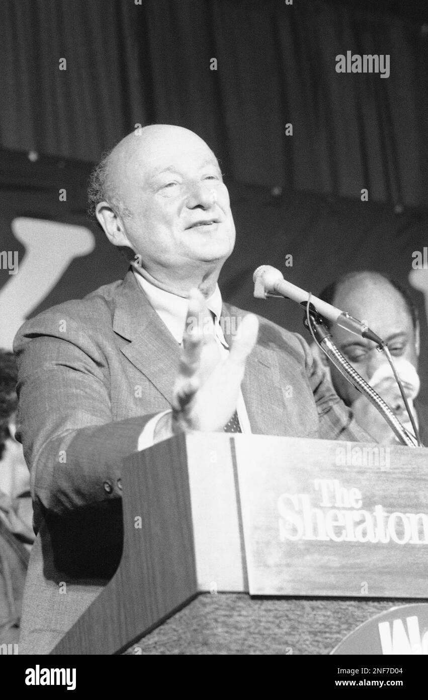 New York's Mayor Edward I. Koch gestures to supporters as he makes a ...