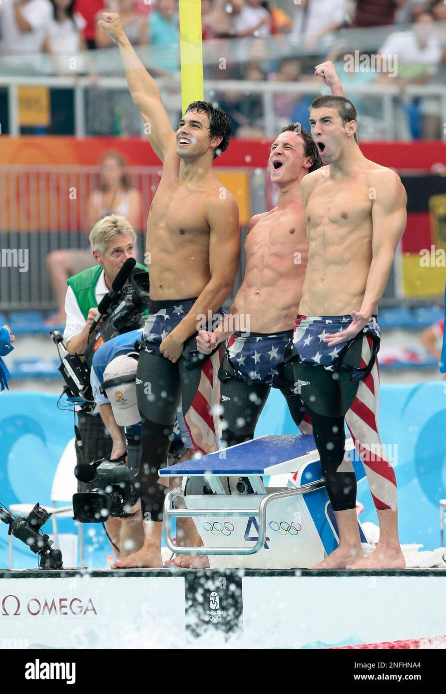 U.S. swimmers, from left, Ricky Berens, Ryan Lochte and Michael Phelps ...