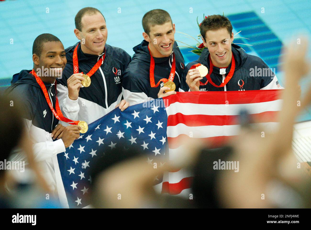 United States' swimmers, from left, Cullen Jones, Jason Lezak, Michael ...